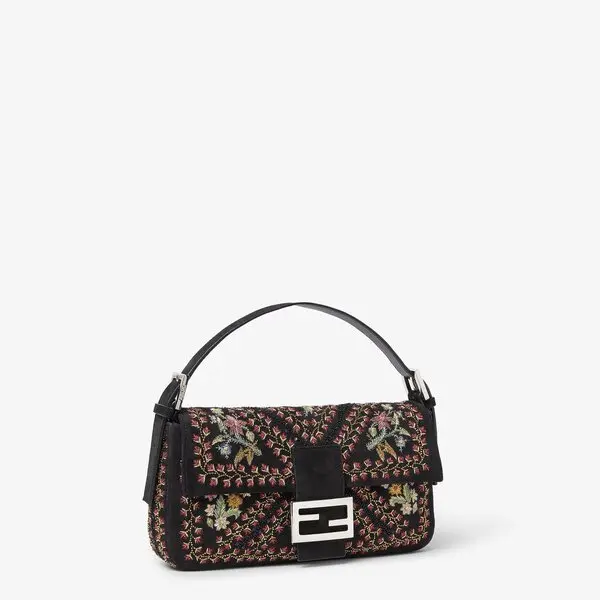 Fendi Baguette® 26424 Black Suede Bag With Embroidery
